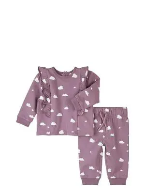 PETIT LEM Cloud Print Ruffle Fleece Sweatshirt & Joggers Set - Purple