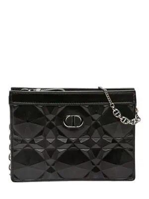 Dior 2022 Calfskin Macrocannage Diamond Caro Zipped Pouch With Chain - Black