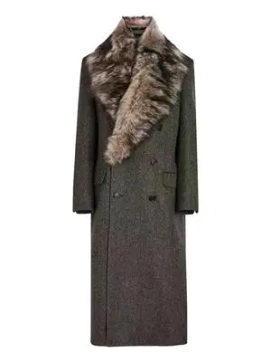 NILI LOTAN Herringbone Fur-collar Double-breasted Coat - Brown