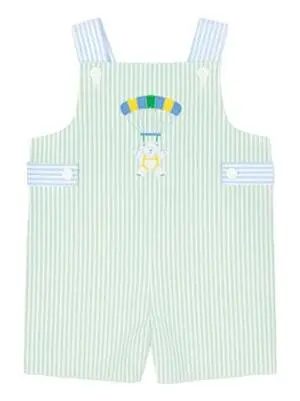 FLORENCE EISEMAN Seersucker Shortall With Bear Appliqu - Green/blue