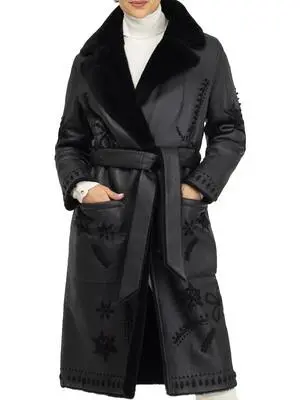 Gorski Genuine Shearling Embroidered Coat - Black/black