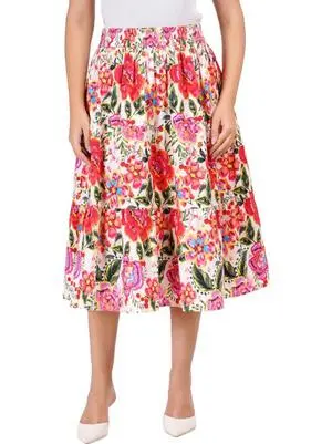 Leota Evelyn Tiered Midi Skirt - Crown Floral Flame Scarlet