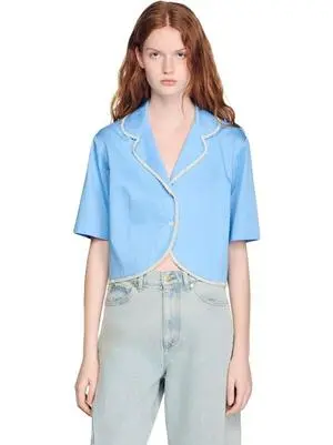 Sandro Cotton Shirt With Beaded Trim - Blue