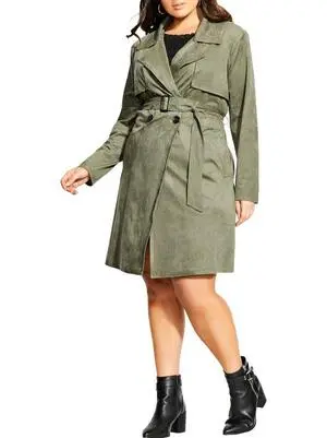 City Chic Faux Suede Trench Coat - Pistachio