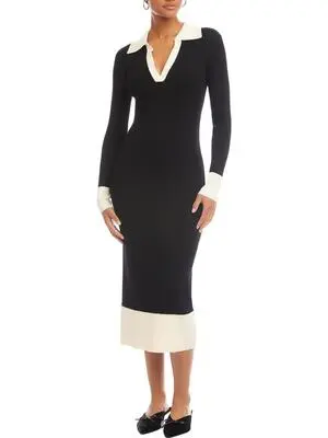 Fifteen Twenty Belle Ribbed Polo Midi Dress - Black/cream