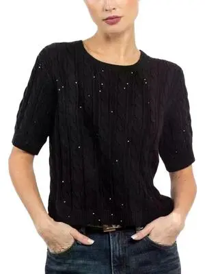FRAME Cable-knit Embellished Top - Black