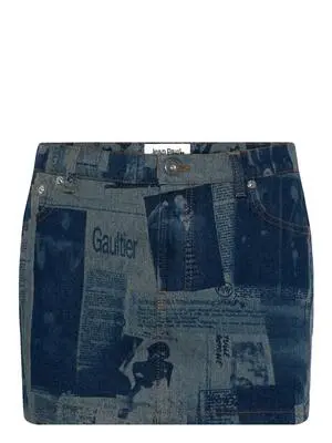 Jean Paul Gaultier Denim Mini Skirt With Newspaper Print - Blue