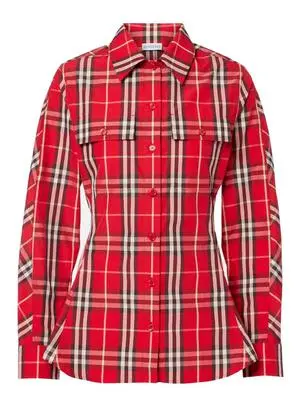 Burberry Check Peplum Cotton Shirt - Red