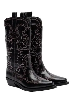 GANNI Mid Shaft Embroidered Cowboy Boots - Black