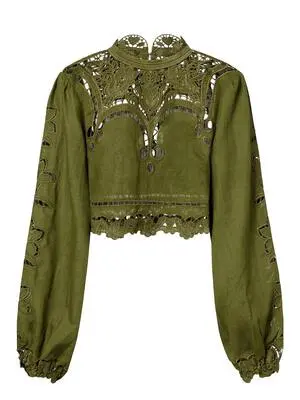 Farm Rio Floral Lace-trimmed Linen Blouse - Green