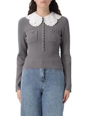 SELF-PORTRAIT Ribbed Knit Sweater With Lace Collar - Grey