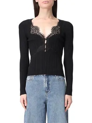 SELF-PORTRAIT Lace Trimmed Ribbed Knit Top - Black