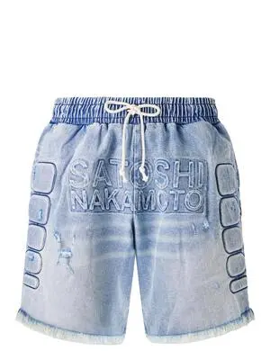 SATOSHI NAKAMOTO Straight-leg Fringed Padded Denim Shorts - Blue
