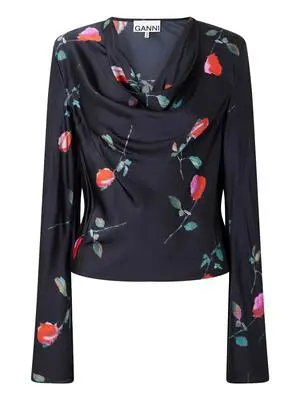 GANNI Draped Floral-print Satin Top - Black