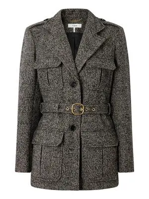 Chloé Belted Herringbone Wool-blend Jacket - Brown