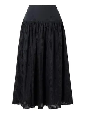 Ulla Johnson Nalla Pleated Perforated Cotton Midi Skirt - Black