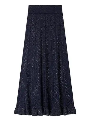 Sandro Flared Rhinestone Knit Maxi Skirt - Navy Blue