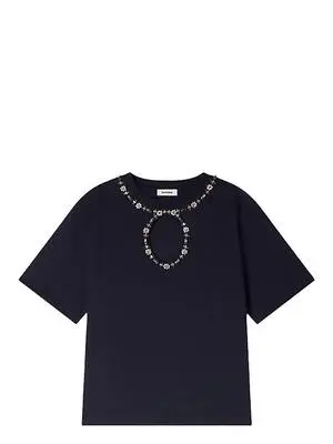 Sandro Openwork Rhinestone-embellished T-shirt - Navy Blue