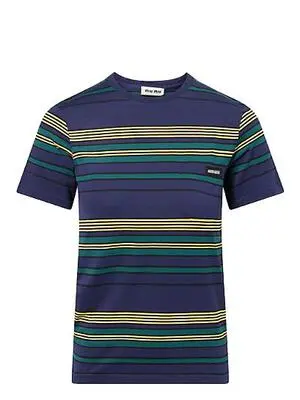 Miu Miu Stripe Logo-patch Cotton-jersey T-shirt - Blu Bottiglia