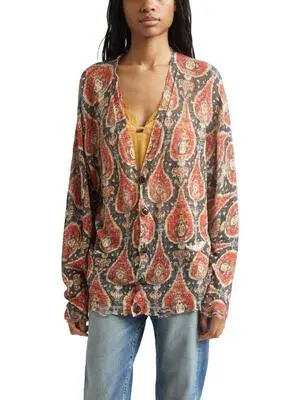 R13 Printed Linen Boyfriend Cardigan - Black/red Multicolor