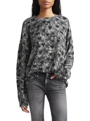 R13 Distressed Heart Print Cashmere Sweater - Heather Grey