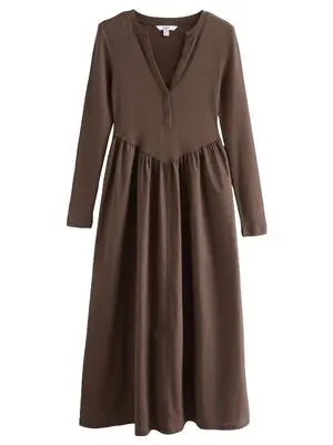 NEXT Long Sleeve Mixed Media Midi Dress - Brown