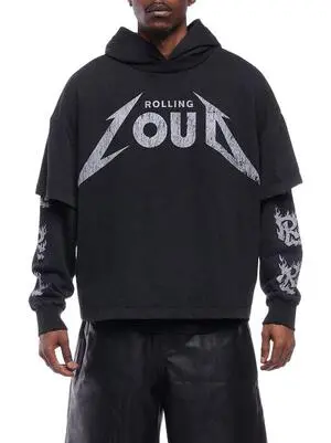 ROLLING LOUD Cotton-blend Layered Graphic Hoodie - Washed Black