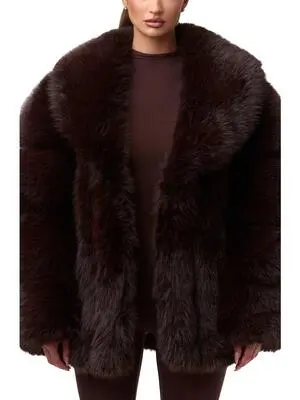 Naked Wardrobe Shawl Lapel Faux Fur Coat - Dark Chocolate