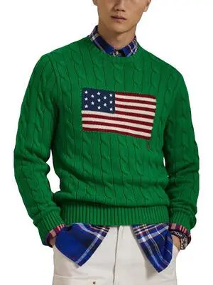 Polo Ralph Lauren Flag Intarsia Cabled Cotton Crewneck Sweater - Billard Green
