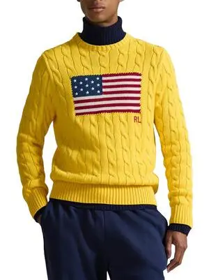 Polo Ralph Lauren Flag Intarsia Cabled Cotton Crewneck Sweater - Lemon Crush