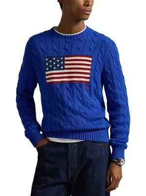 Polo Ralph Lauren Flag Intarsia Cabled Cotton Crewneck Sweater - Sapphire Star