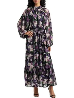 EN SAISON Jasmine Floral Tie Waist Maxi Dress - Black Purple Maue