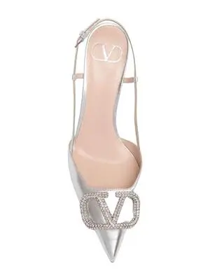 Valentino Garavani 80mm VLogo Signature Strass Metallic Leather Slingback Pumps Silver