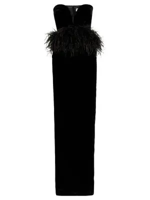 THE NEW ARRIVALS ILKYAZ OZEL Feather-appliquéd Velvet Maxi Dress - Black