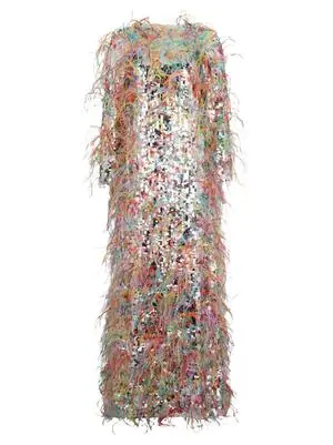 Valentino Garavani Sequin And Feather Trim Midi Dress - Silver