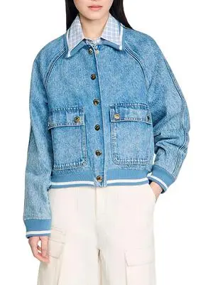 Sandro Rib Trim Denim Jacket - Blue Jean