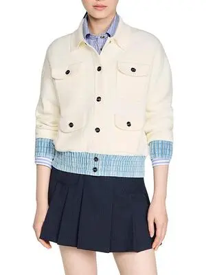 Sandro Madeen Boucle Denim Trim Cardigan - Ecru