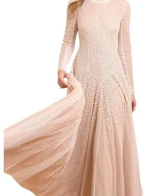 NEEDLE & THREAD Sequin Cascade Round Neck Gown - Cream/ Butterscotch