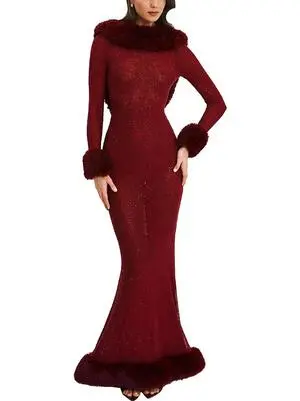 MISS CIRCLE Melrose Rhinestone Mesh Mermaid Dress - Burgundy