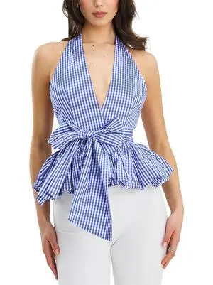 MISS CIRCLE Ilene Checkered Halter Top With Bubble Hem - Blue Checkered
