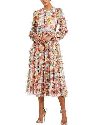 Mac Duggal Long Sleeve Tiered Ruffle Criss Cross Dress - White Multi