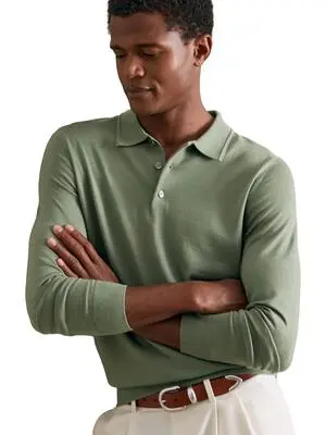 REISS Trafford Merino Wool Long-sleeve Polo Shirt - Harper Green