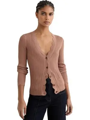 REISS Vinny Rib-knit Scallop-trim Cardigan - Pink