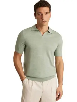 REISS Duchie Merino Wool Open-collar Polo Shirt Sage Green Melange