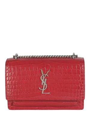 Saint Laurent Calfskin Crocodile Embossed Monogram Sunset Chain Wallet - Red