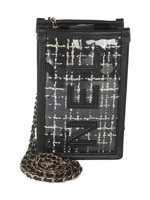 CHANEL Tweed PVC Logo Pouch With Chain