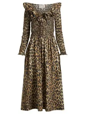 DAMSON MADDER Harper Shirred Midi Dress - Leopard