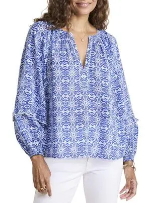 Vineyard Vines Izzy Tile Print Cotton Blend Popover Top - Caribbean Tile Blue