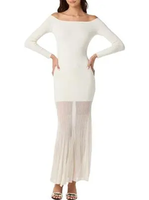 Astr The Label Long Sleeve Off-the-shoulder Mixed Media Dress - Cream