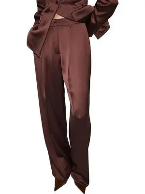 Mango Pleated Satin Trousers Brown